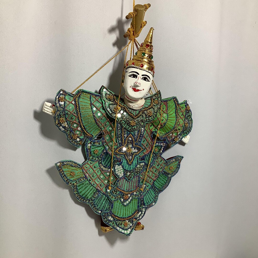 Green Burmese Marionette Puppet - Handcrafted 15" Wooden Yoke Thay With ...