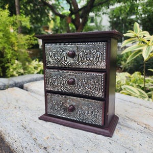 Handmade Northern Thai 3-tier Wooden Jewelry Box W/ Nickel Elephant ...