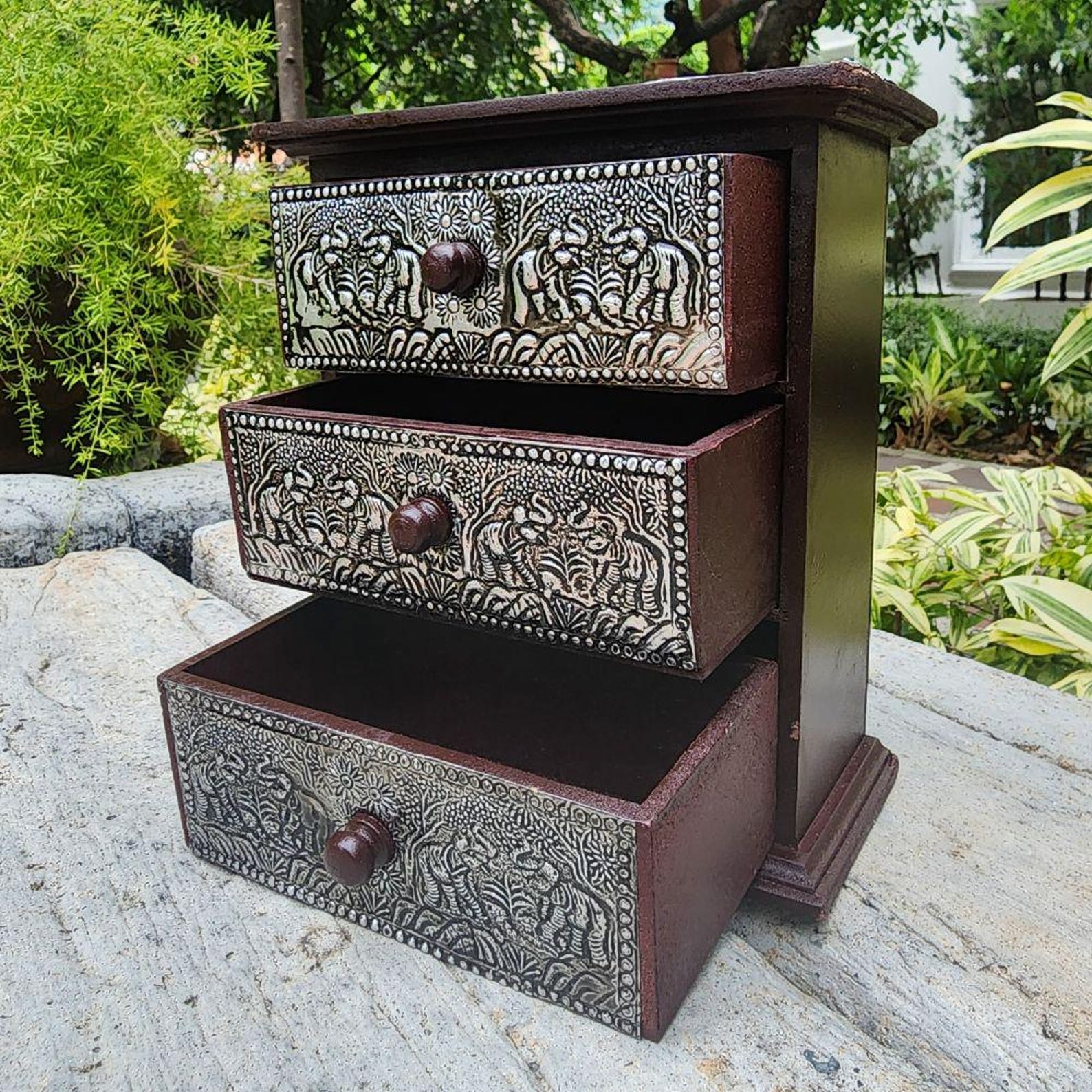 Handmade Northern Thai 3-tier Wooden Jewelry Box W/ Nickel Elephant ...