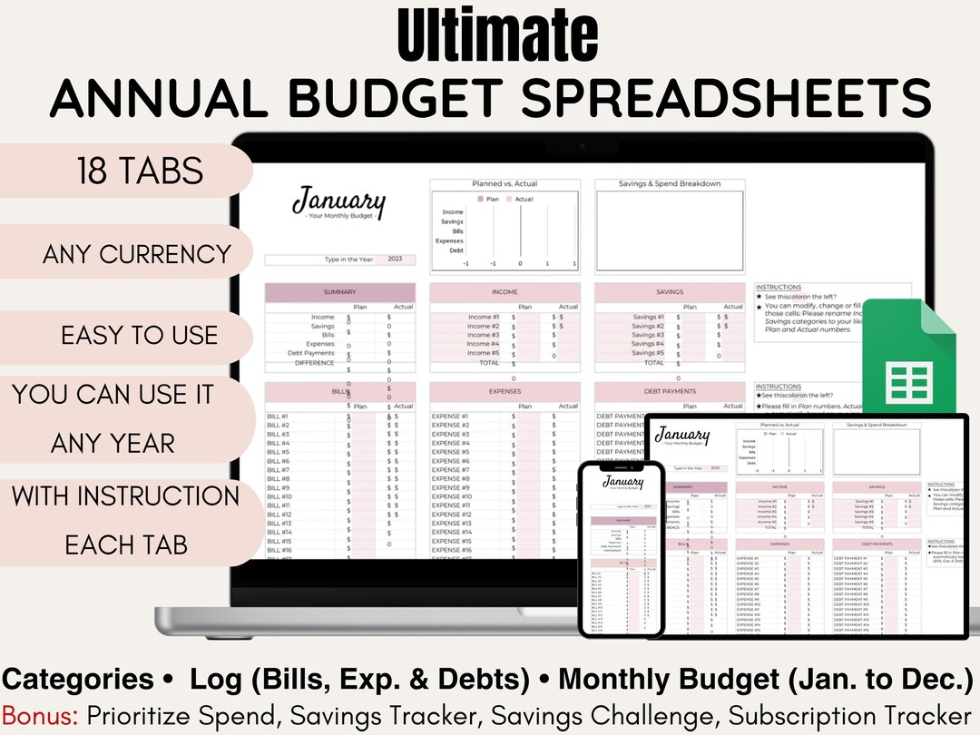 Ultimate Annual Budget Excel Spreadsheet Annual & Monthly Spreadsheet ...