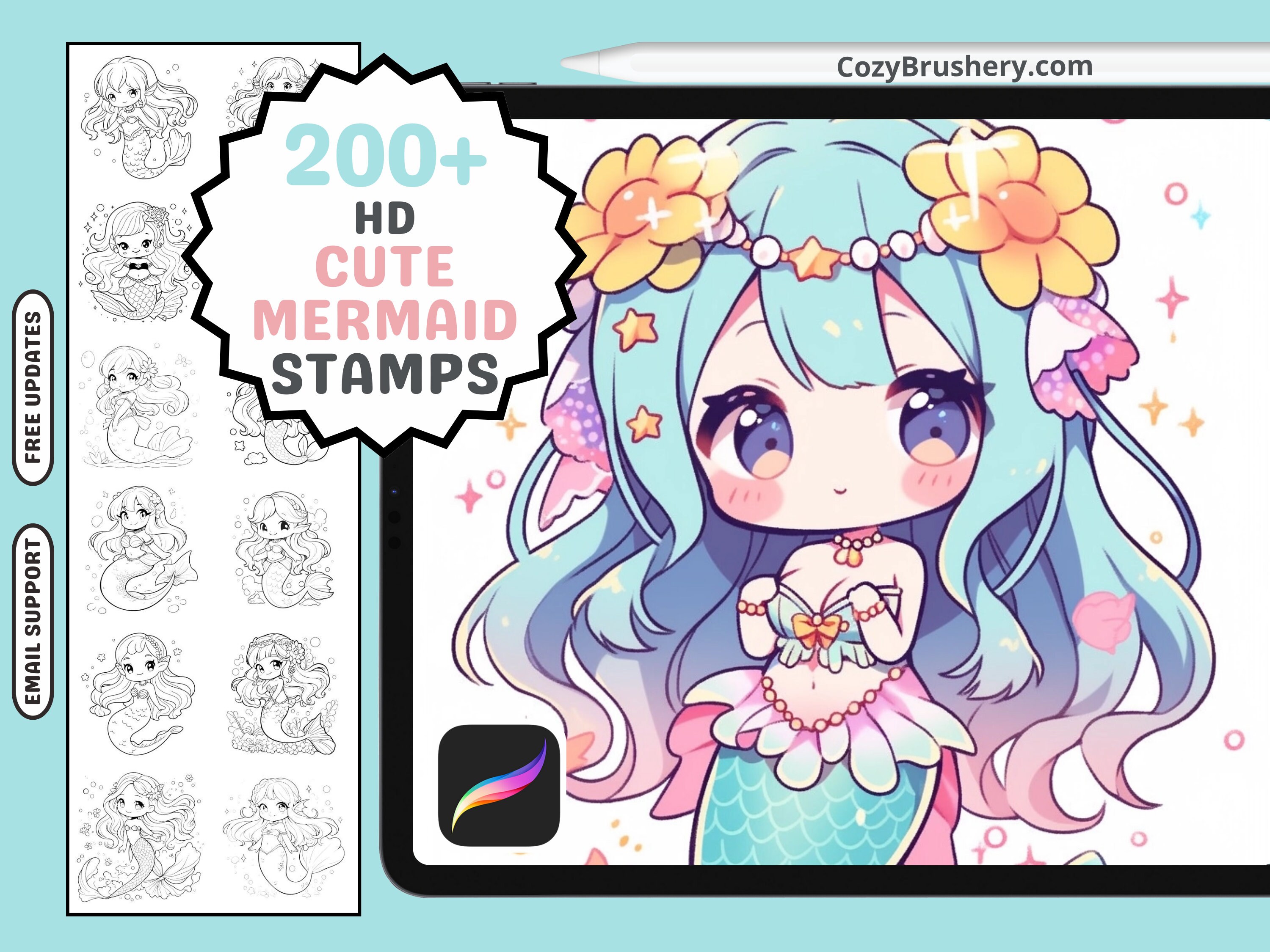 Procreate Cute Chibi Kawaii Mermaid Anime Stamps, Over 200 Adorable ...