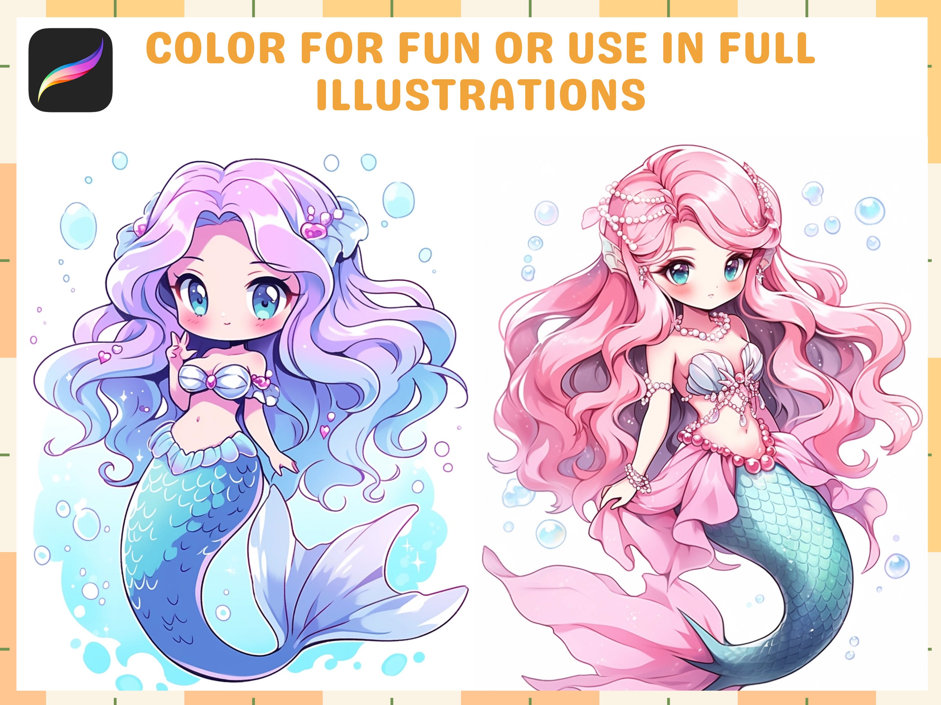 Procreate Cute Chibi Kawaii Mermaid Anime Stamps, Over 200 Adorable ...