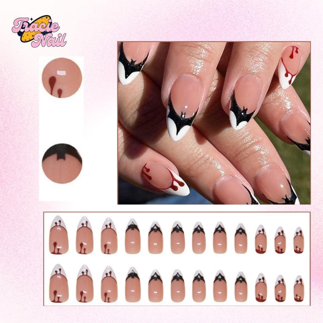 Halloween Bat French Tip Press on Nails/ Fake Nails/ Black Handmade ...