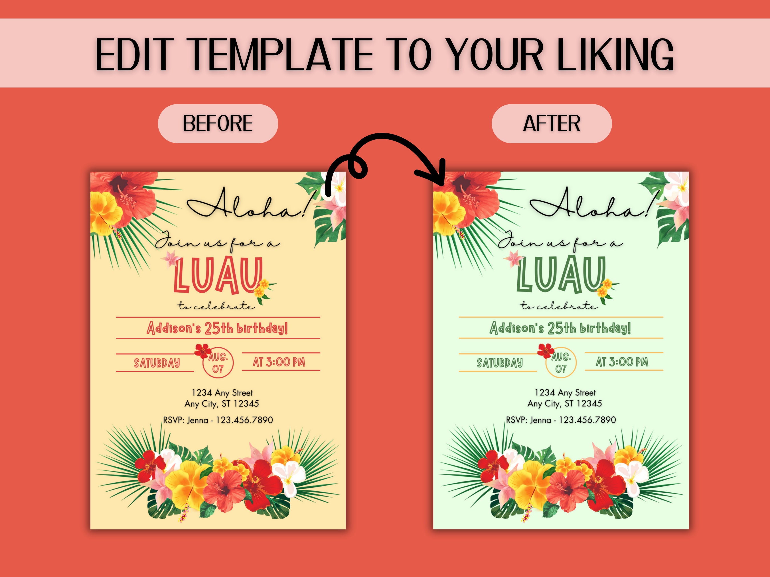 Tropical Hawaiian Luau Party Invitation & Thank You Card Editable ...