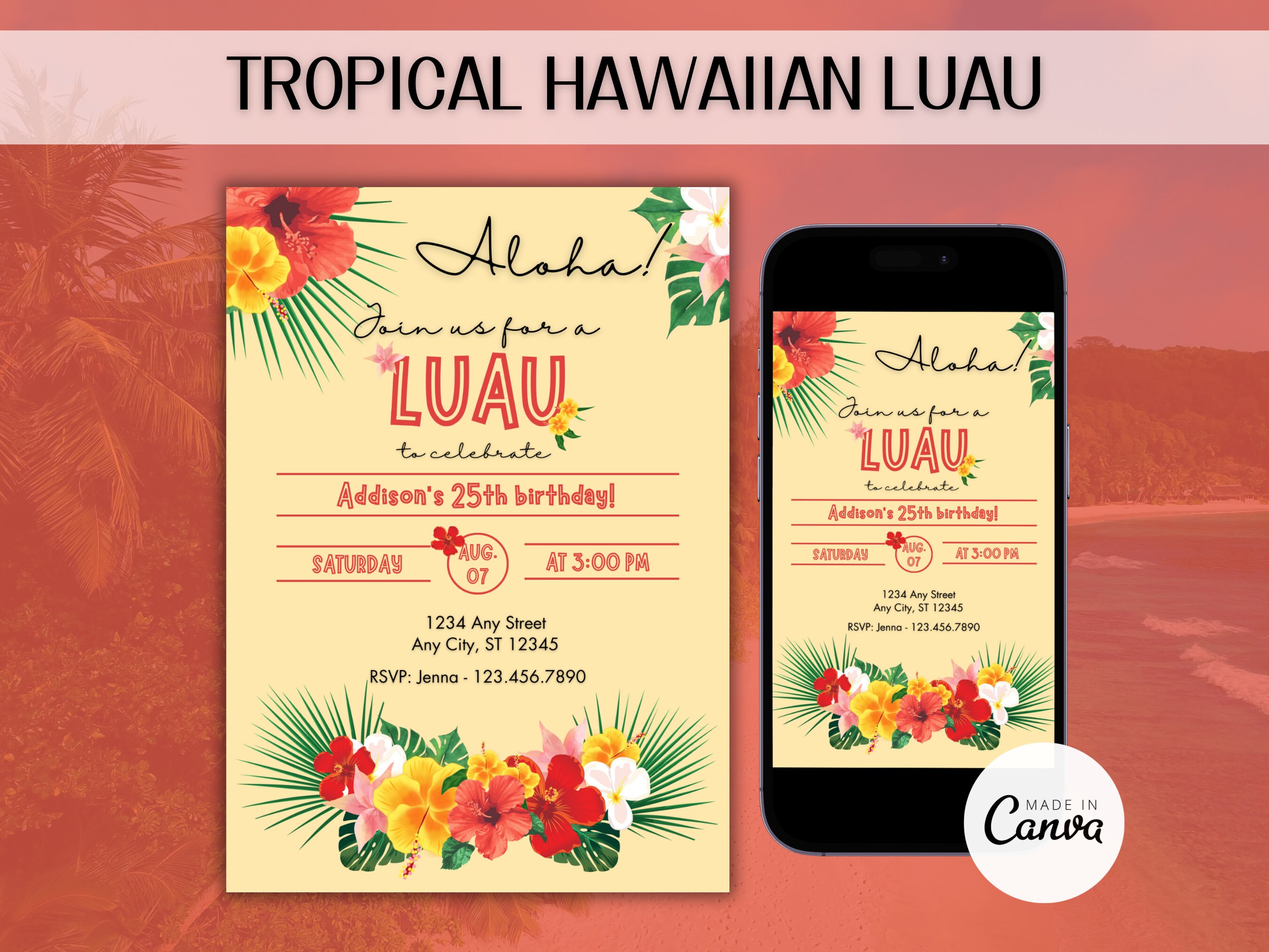 Tropical Hawaiian Luau Party Invitation & Thank You Card Editable ...