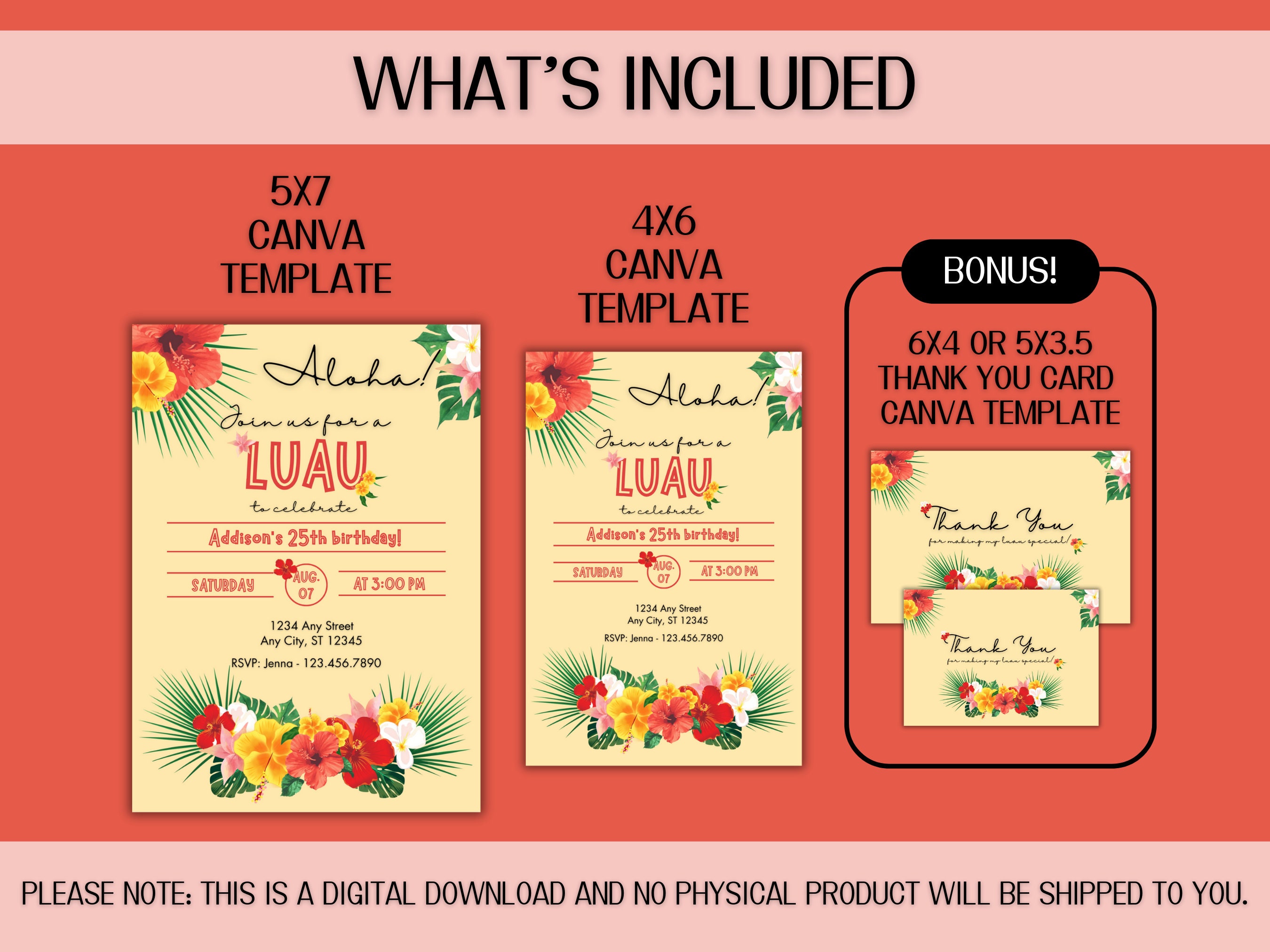 Tropical Hawaiian Luau Party Invitation & Thank You Card Editable ...
