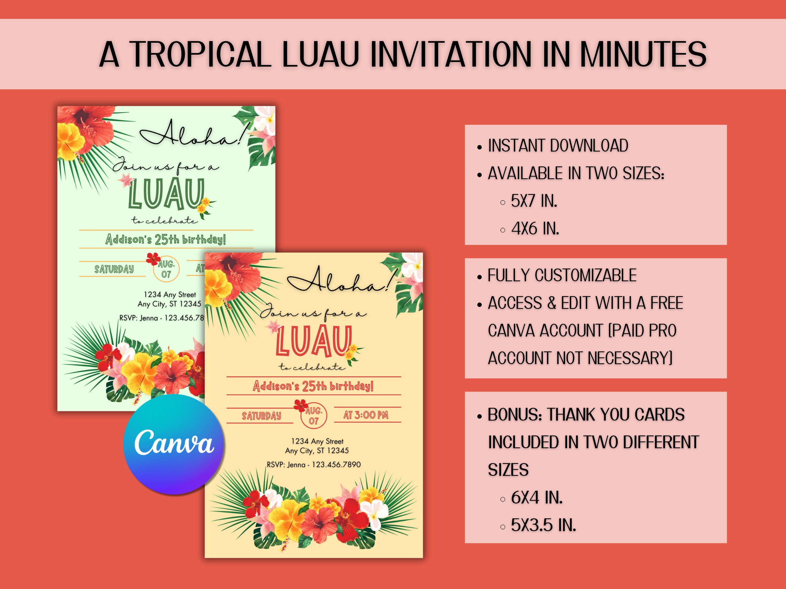 Tropical Hawaiian Luau Party Invitation & Thank You Card Editable ...
