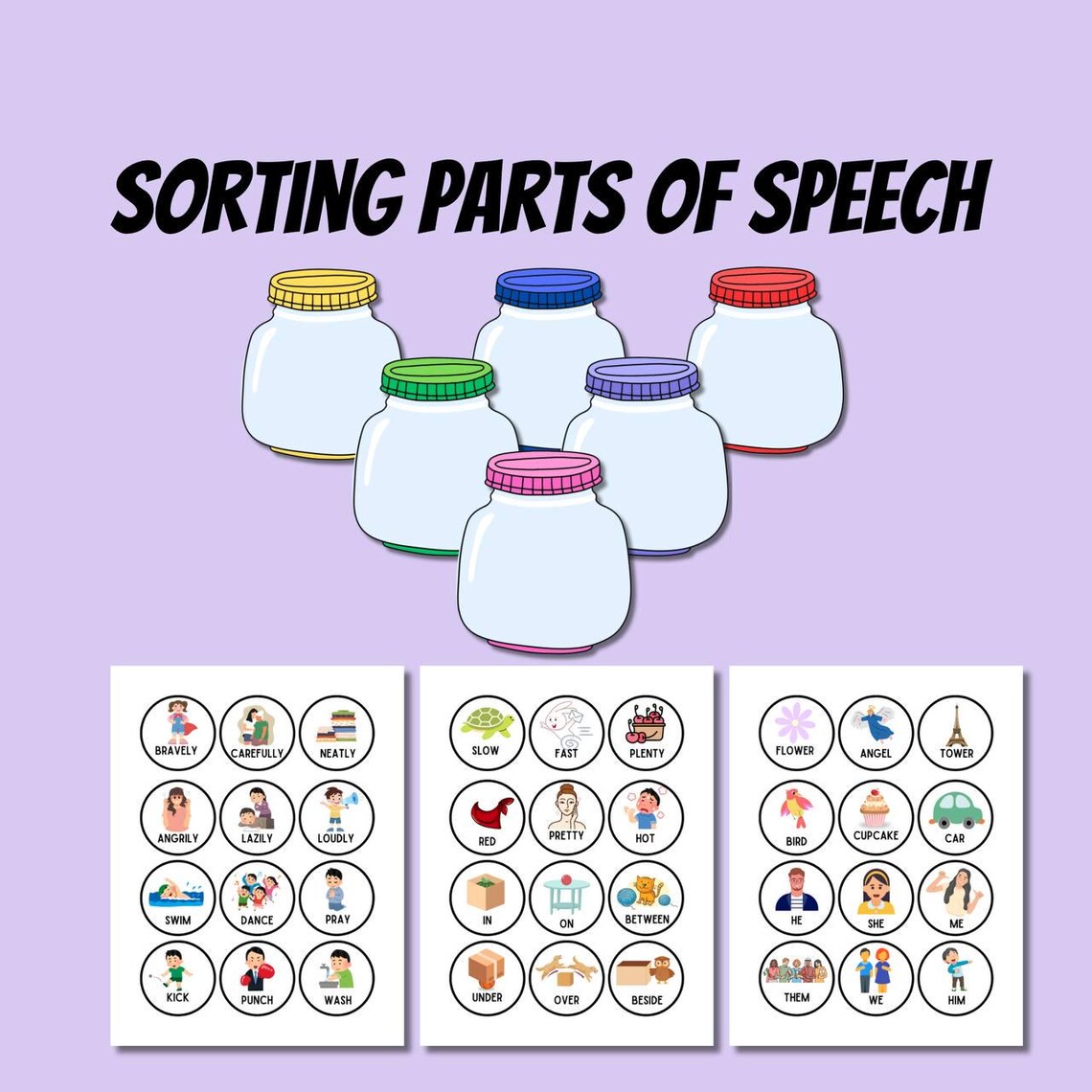 Printable Parts of Speech Sorting Jars, Noun, Verb, Adjective, Adverb ...