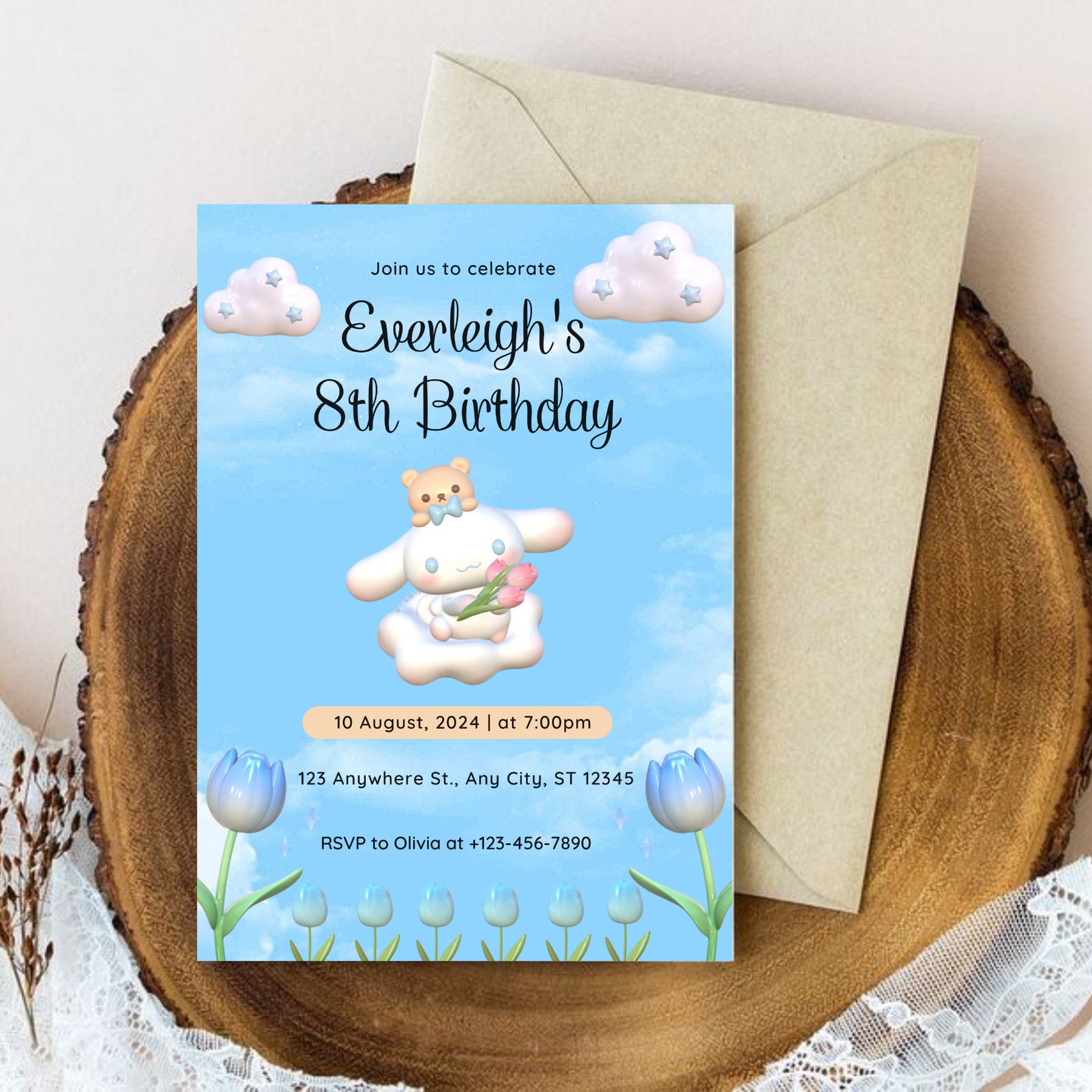 Editable Kawaii Character Birthday Invitation Template, Cinna-moroll ...