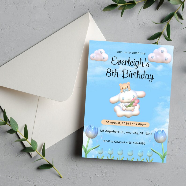 Editable Kawaii Character Birthday Invitation Template, Cinna-moroll ...