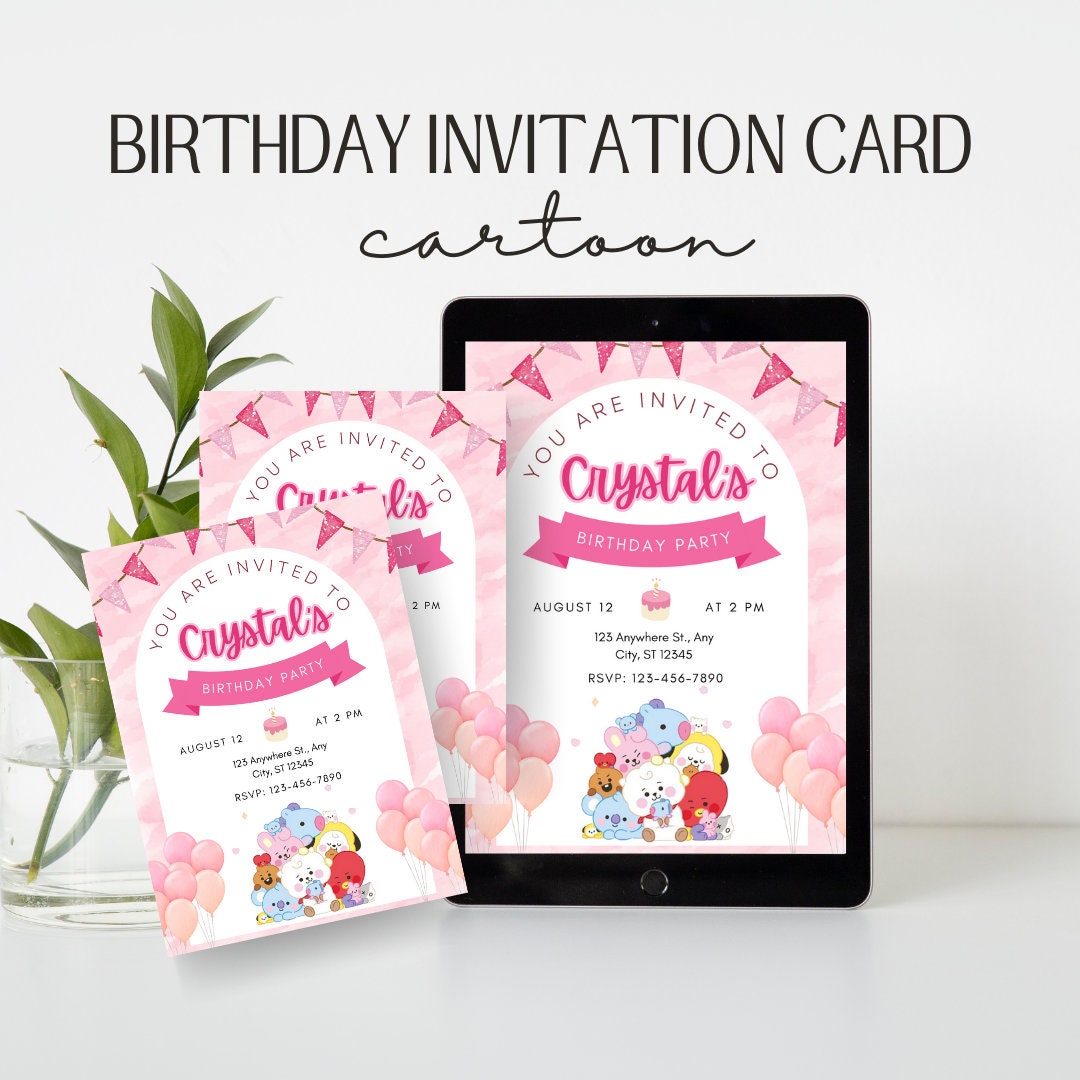 Editable BT21 Birthday Invitation Card, Kpop Cartoon, BTS Template ...