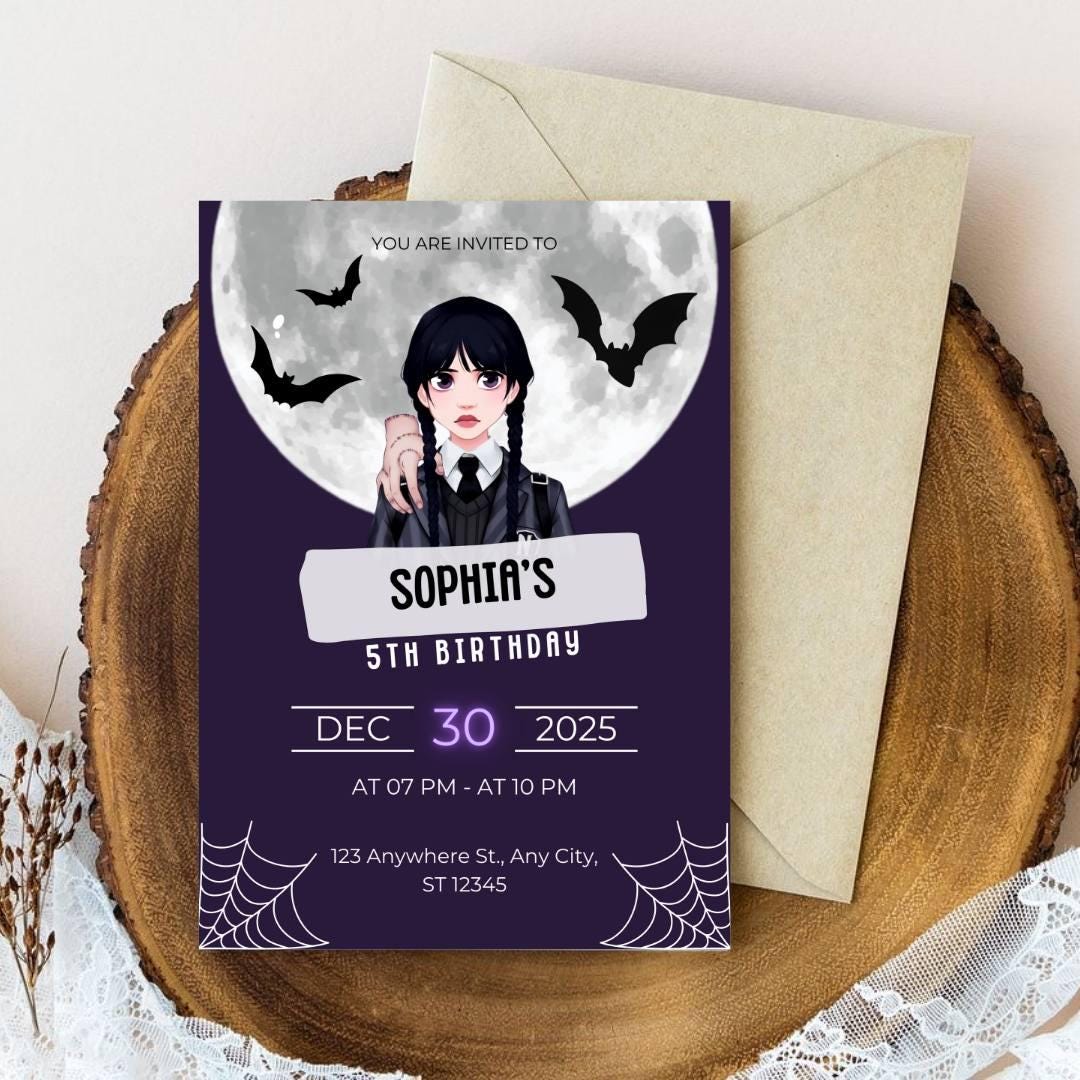 Editable Wednesday Birthday Invitation Card, Spooky, Dark, Spider Web ...