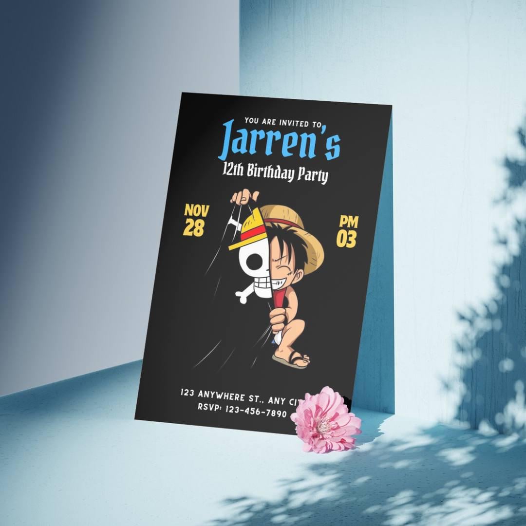 Editable Lu-ffy Piece Birthday Invitation Card, Anime Theme, Anime ...