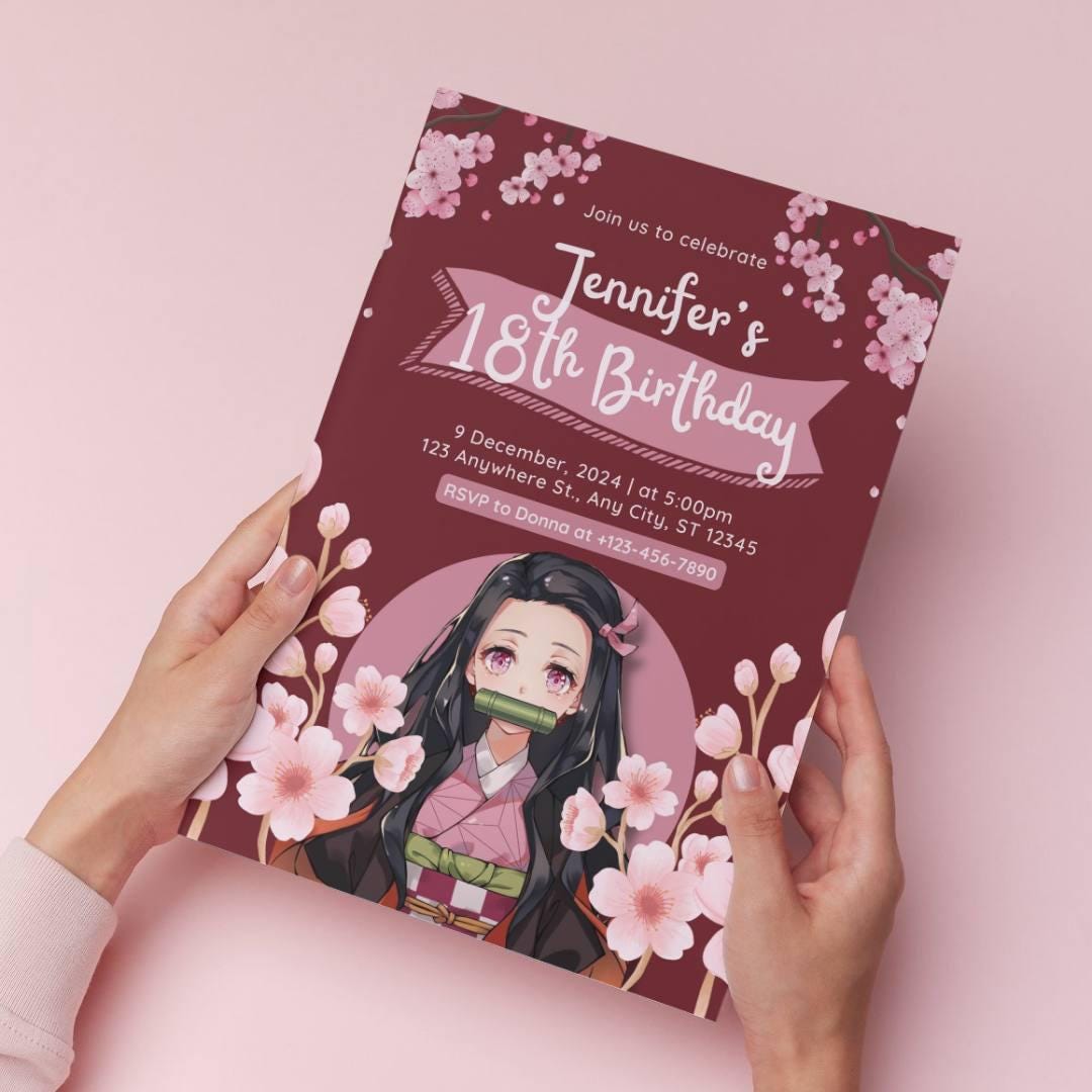 Editable Nezu-koo De-mon Sla-yer Birthday Invitation Card, Anime Theme ...