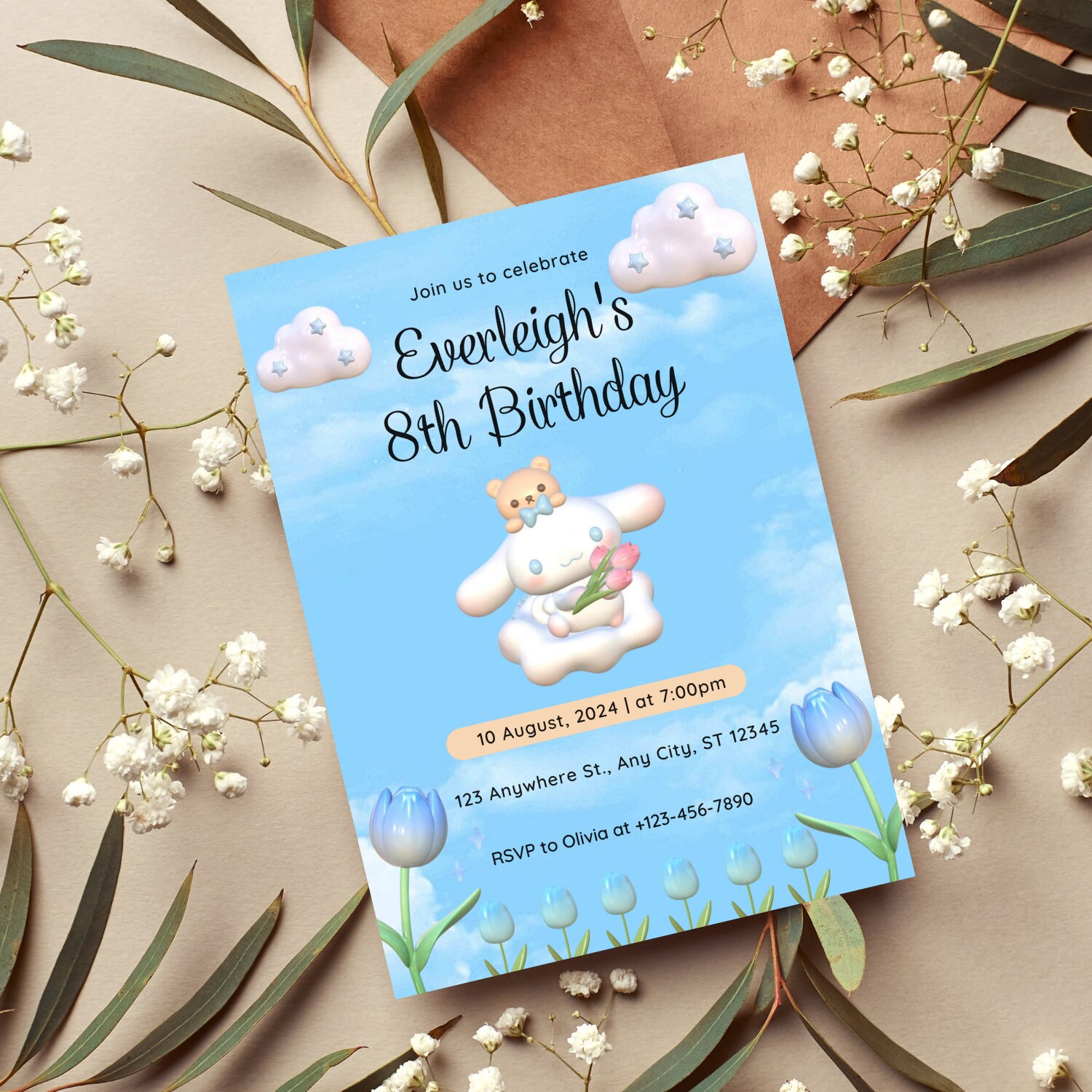 Editable Kawaii Character Birthday Invitation Template, Cinna-moroll ...