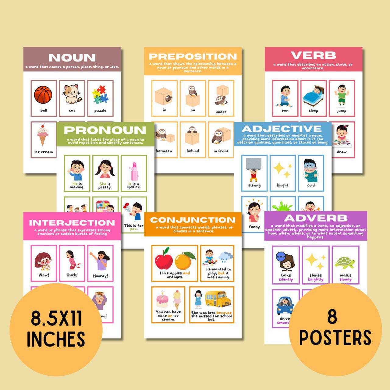 Printable Parts of Speech Posters Set, 8 Parts of Speech, Noun, Verb ...