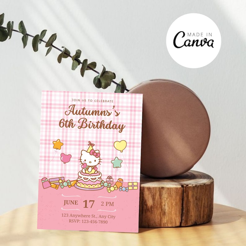 Editable Kawaii Character Birthday Invitation Card, Kitty Invitation ...