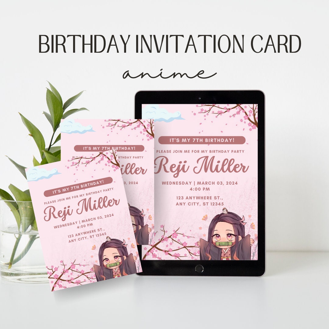 Editable Slayer Nezu-ko Birthday Invitation Card, Anime Invitation ...