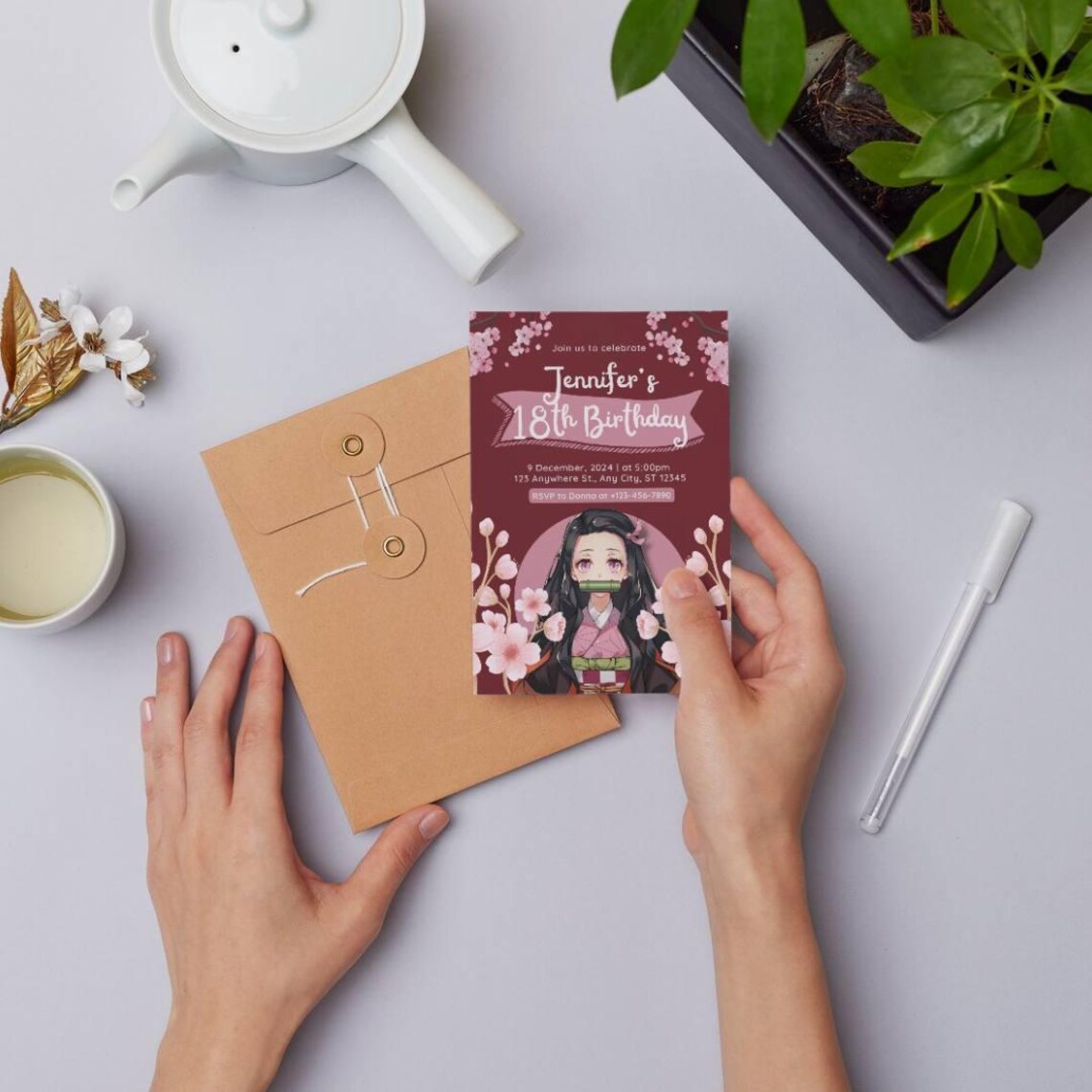 Editable Nezu-koo De-mon Sla-yer Birthday Invitation Card, Anime Theme ...