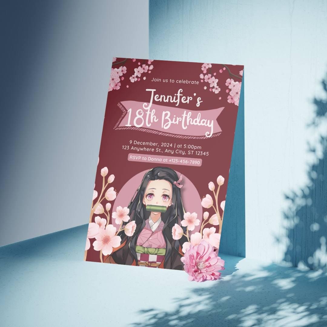 Editable Nezu-koo De-mon Sla-yer Birthday Invitation Card, Anime Theme ...