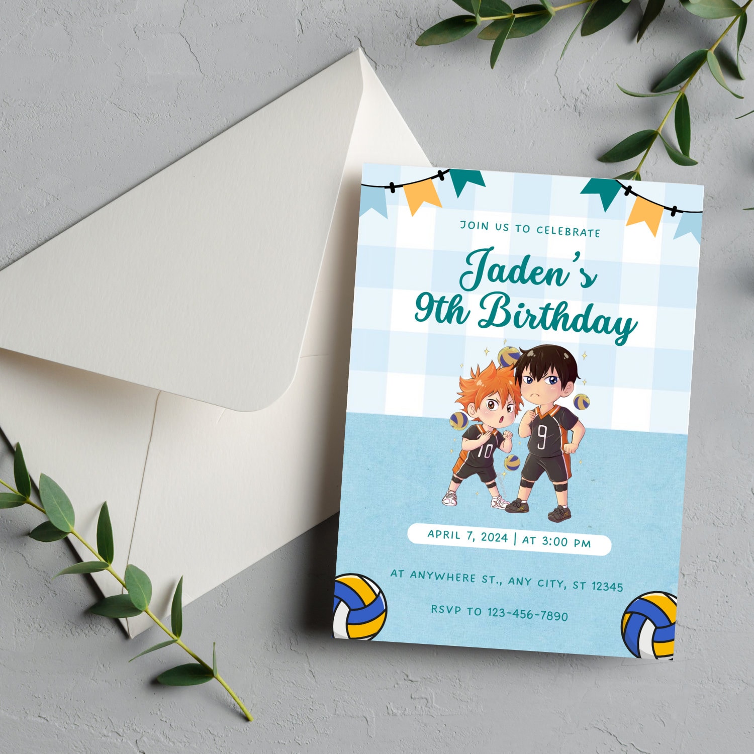 Editable Hai-kyuu Birthday Invitation Card, Kage-yama and Hina-ta, Kara ...