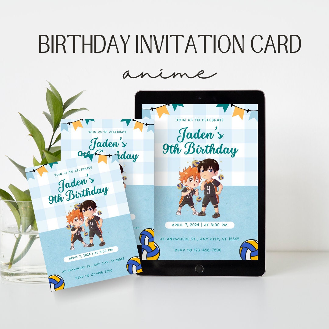 Editable Hai-kyuu Birthday Invitation Card, Kage-yama and Hina-ta, Kara ...