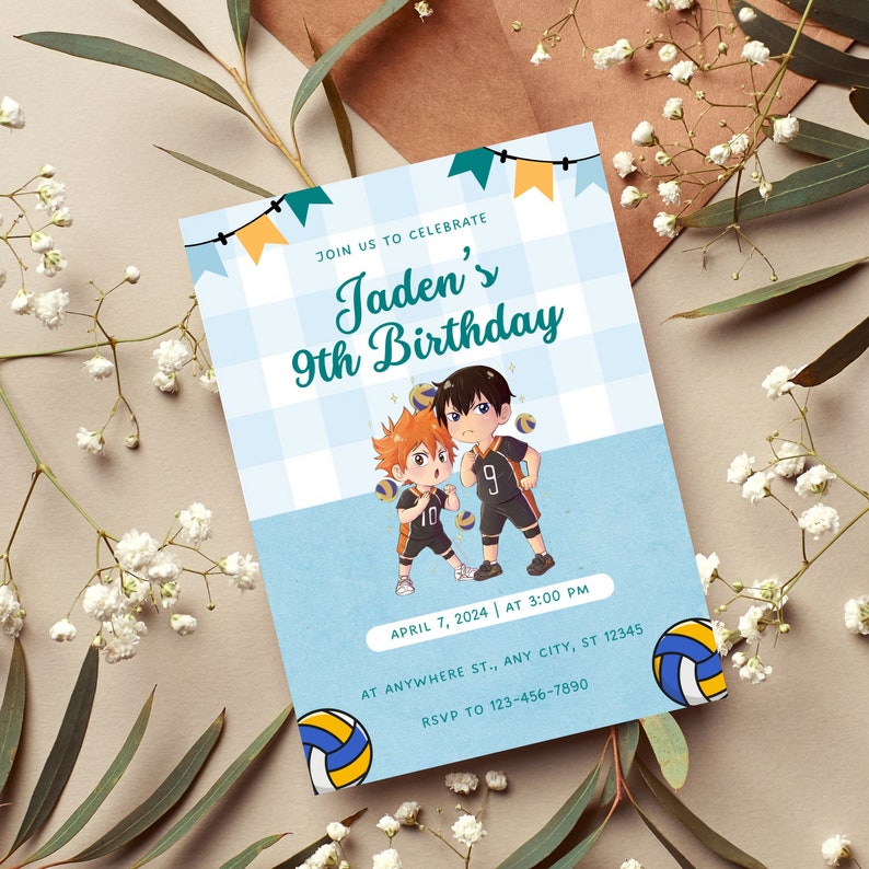 Editable Hai-kyuu Birthday Invitation Card, Kage-yama and Hina-ta, Kara ...