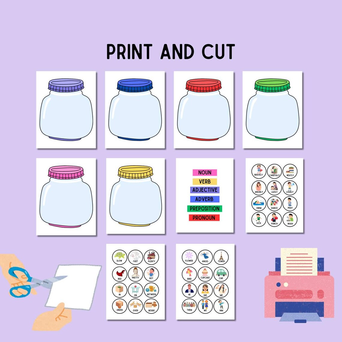Printable Parts of Speech Sorting Jars, Noun, Verb, Adjective, Adverb ...