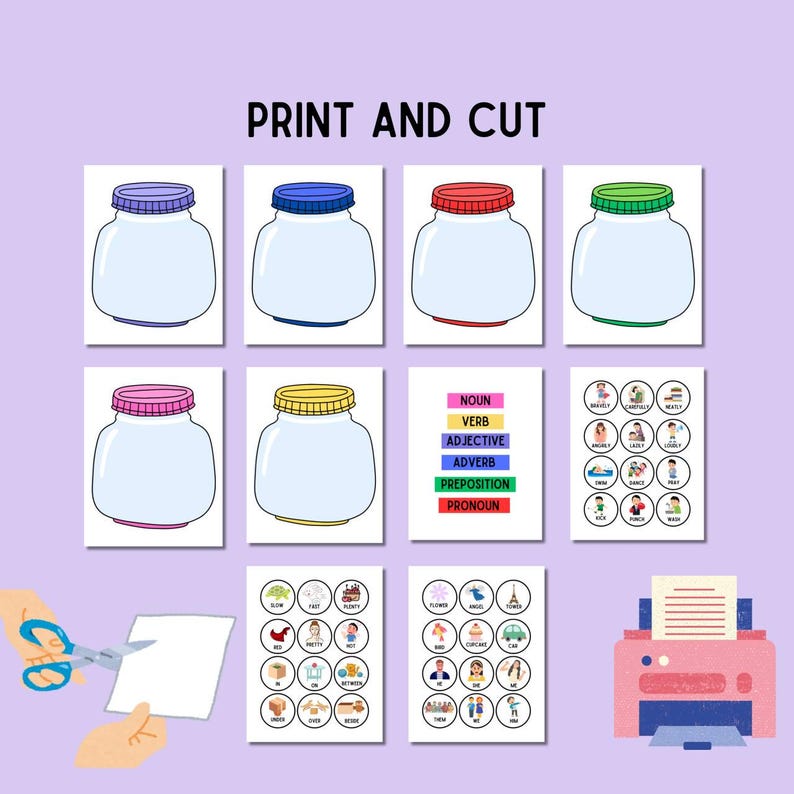 Printable Parts of Speech Sorting Jars, Noun, Verb, Adjective, Adverb ...
