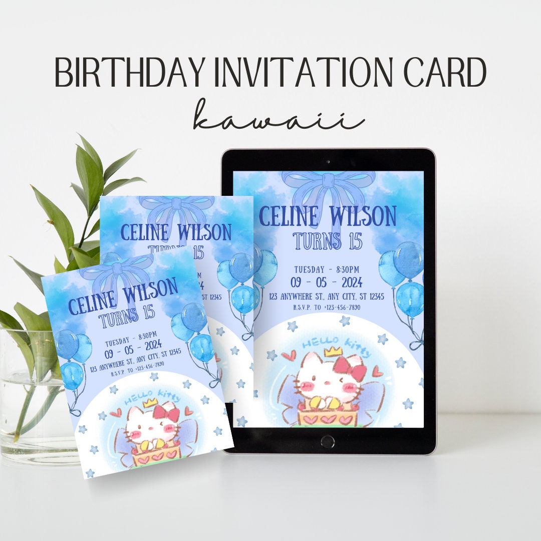 Editable Kawaii Character Birthday Invitation Card, Kitty Invitation ...