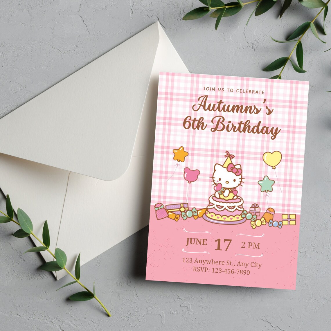 Editable Kawaii Character Birthday Invitation Card, Kitty Invitation ...