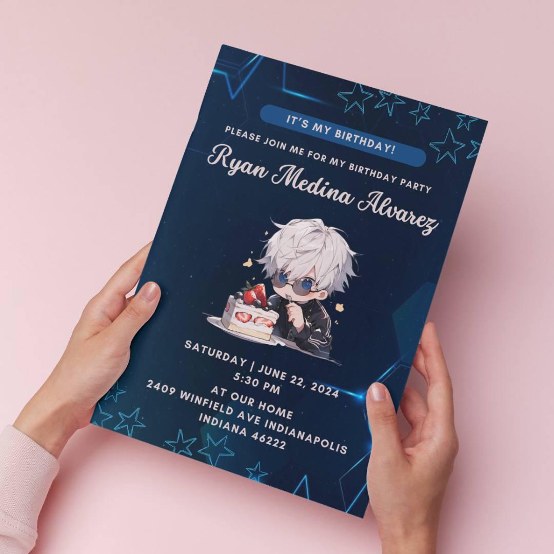 Editable Go-jo Jujut-su Kai-sen Birthday Invitation Card, Anime Theme ...