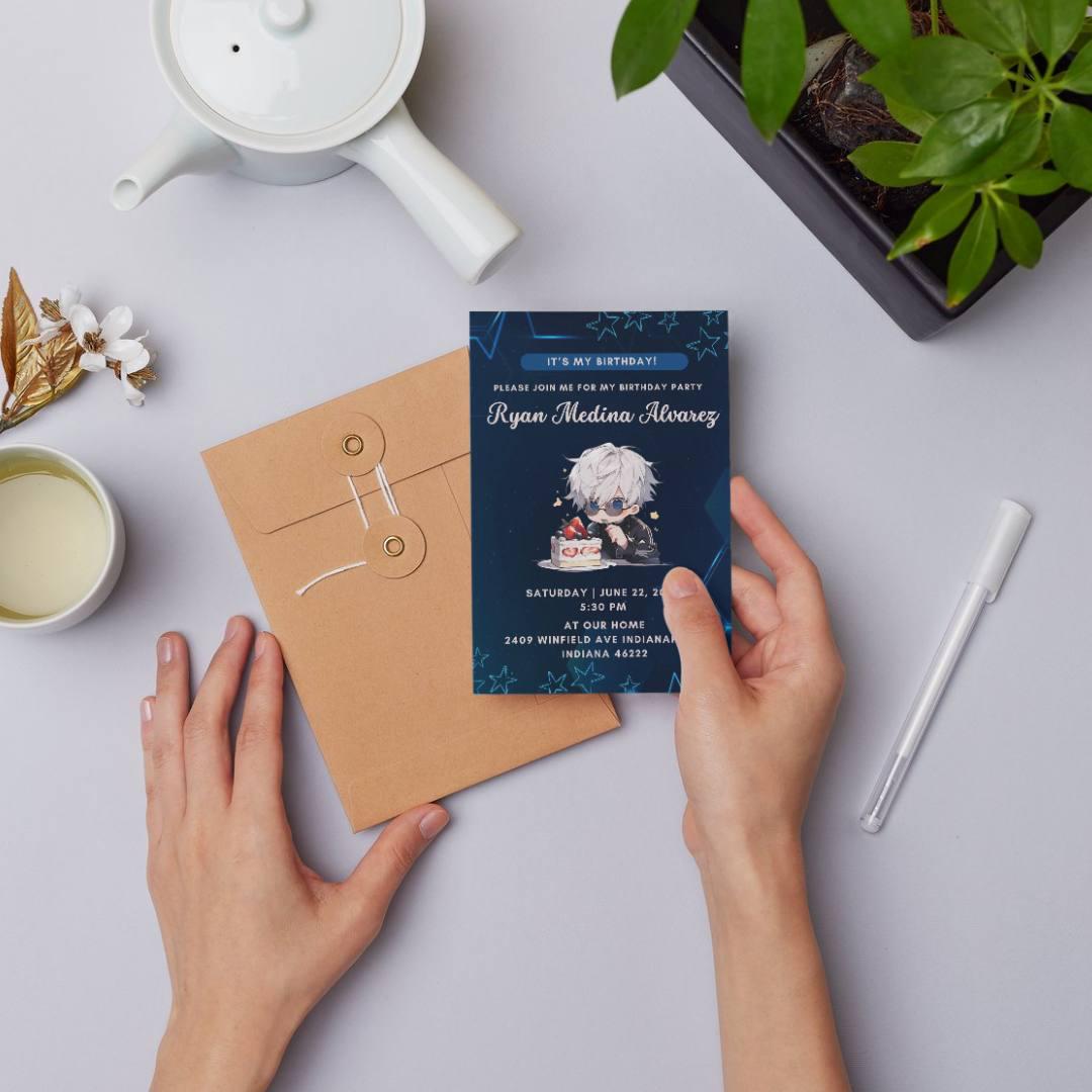 Editable Go-jo Jujut-su Kai-sen Birthday Invitation Card, Anime Theme ...