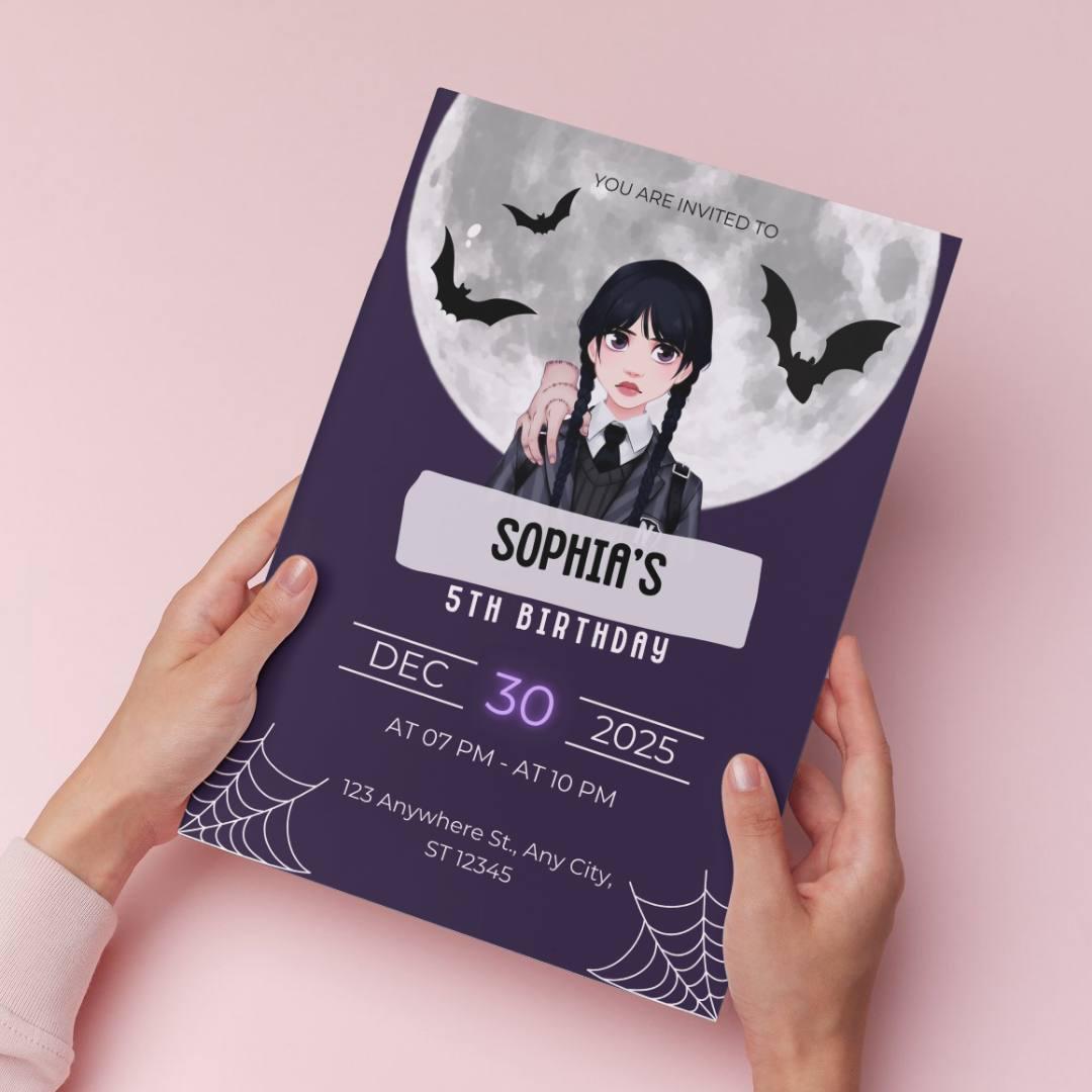 Editable Wednesday Birthday Invitation Card, Spooky, Dark, Spider Web ...