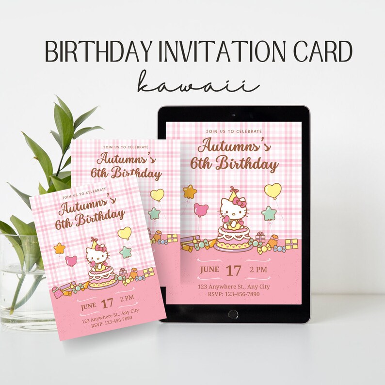 Editable Kawaii Character Birthday Invitation Card, Kitty Invitation ...