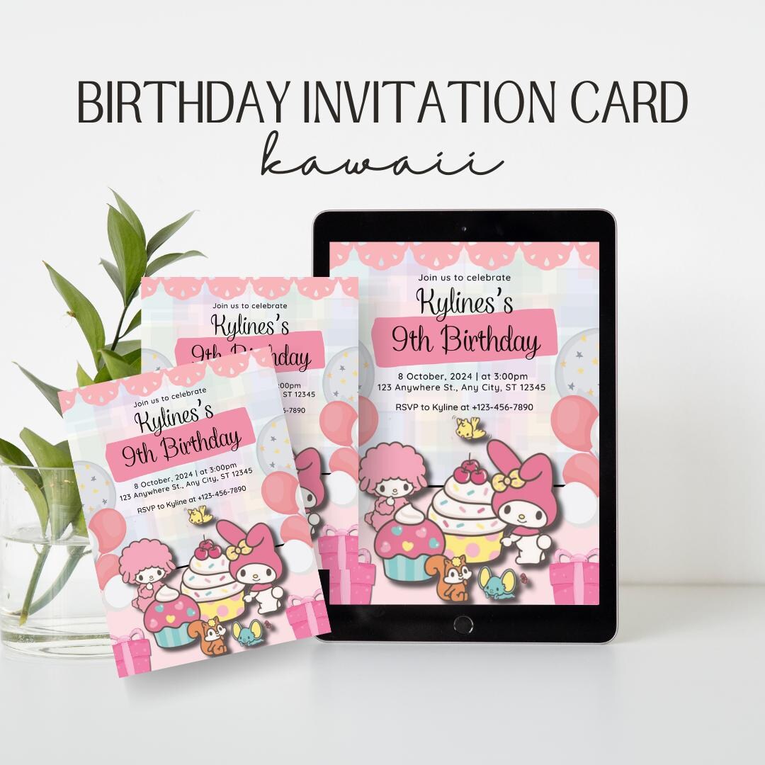 Editable Kawaii Character Birthday Invitation Card, Kitty and Friends ...