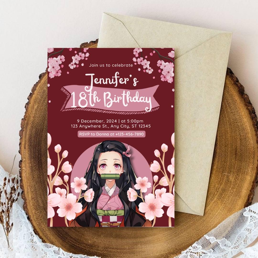 Editable Nezu-koo De-mon Sla-yer Birthday Invitation Card, Anime Theme ...