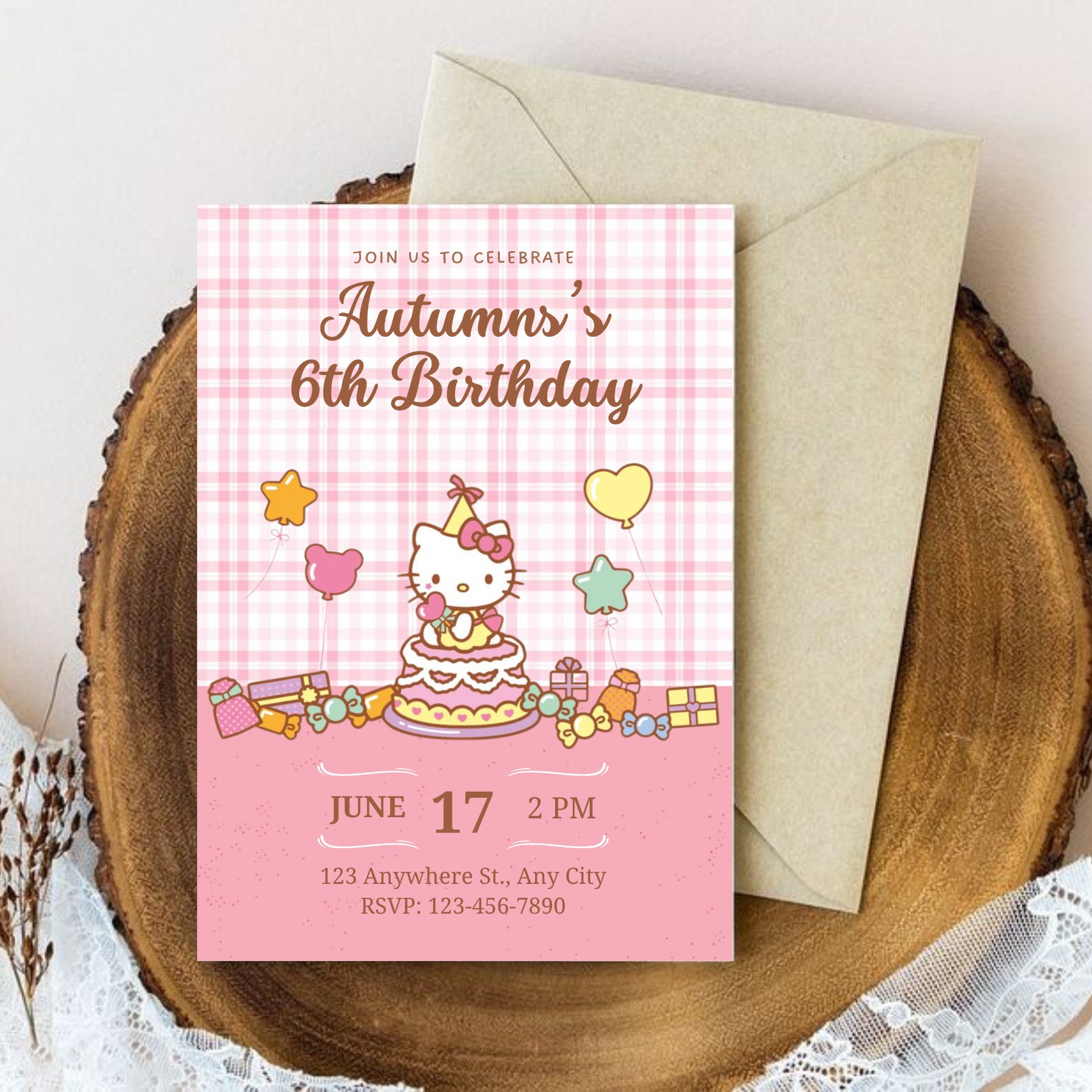 Editable Kawaii Character Birthday Invitation Card, Kitty Invitation ...