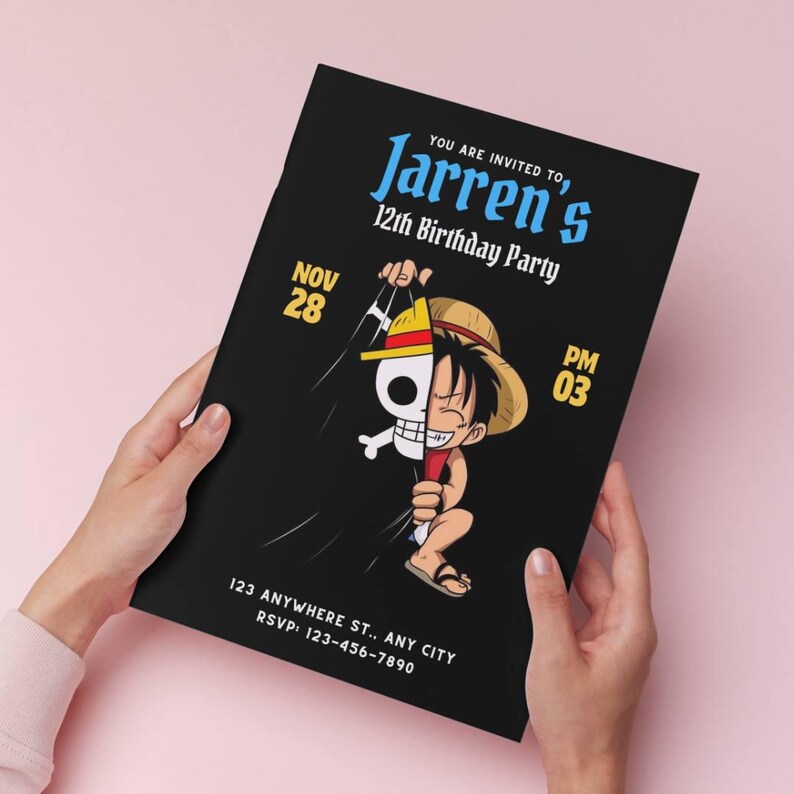 Editable Lu-ffy Piece Birthday Invitation Card, Anime Theme, Anime ...