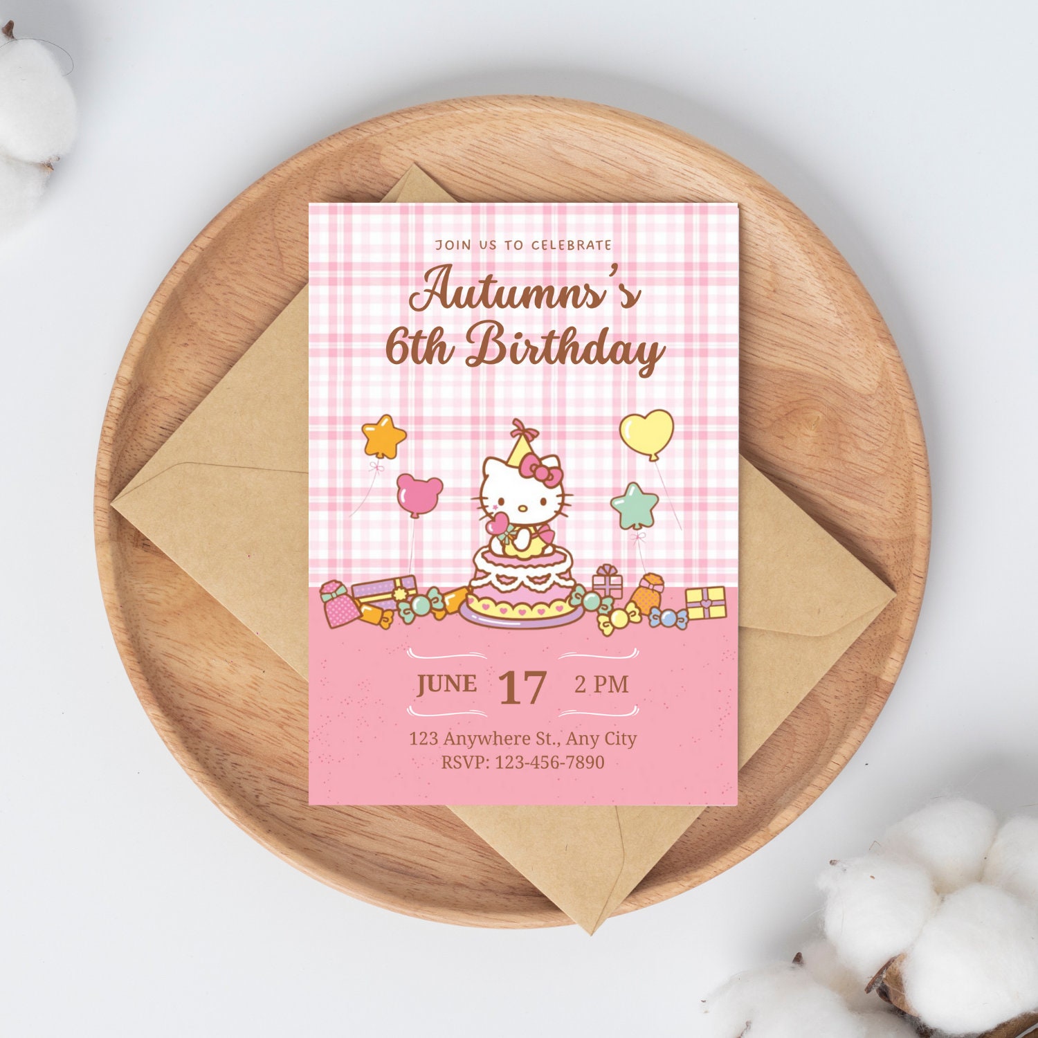 Editable Kawaii Character Birthday Invitation Card, Kitty Invitation ...