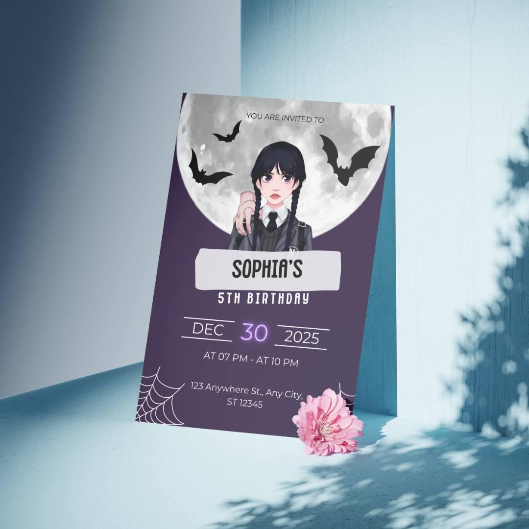 Editable Wednesday Birthday Invitation Card, Spooky, Dark, Spider Web ...