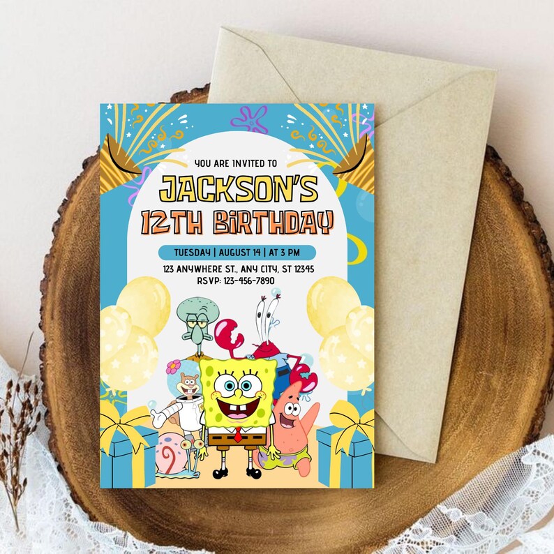 Editable Sponge-bob Birthday Invitation Card, Pool Party, Kids Party ...