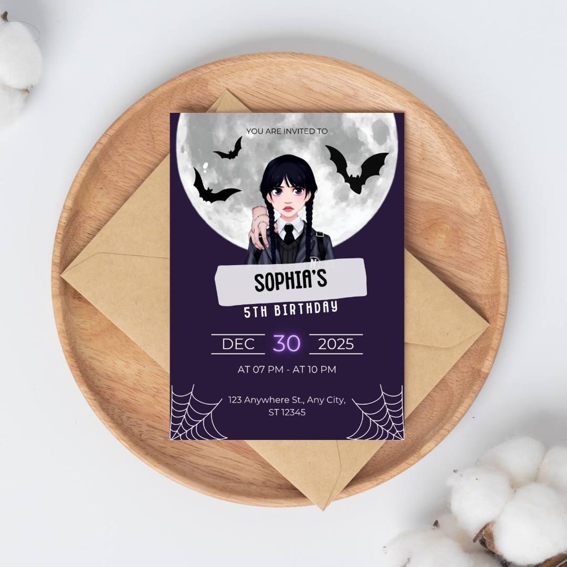 Editable Wednesday Birthday Invitation Card, Spooky, Dark, Spider Web ...
