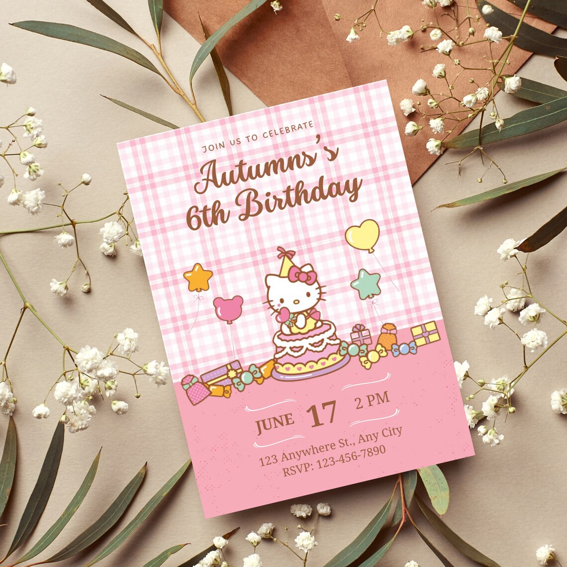 Editable Kawaii Character Birthday Invitation Card, Kitty Invitation ...
