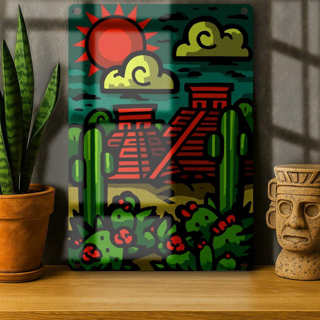 Aztec Pyramid Wall Art 8x12 - Bold Sun and Cactus Scene Metal Sign ...