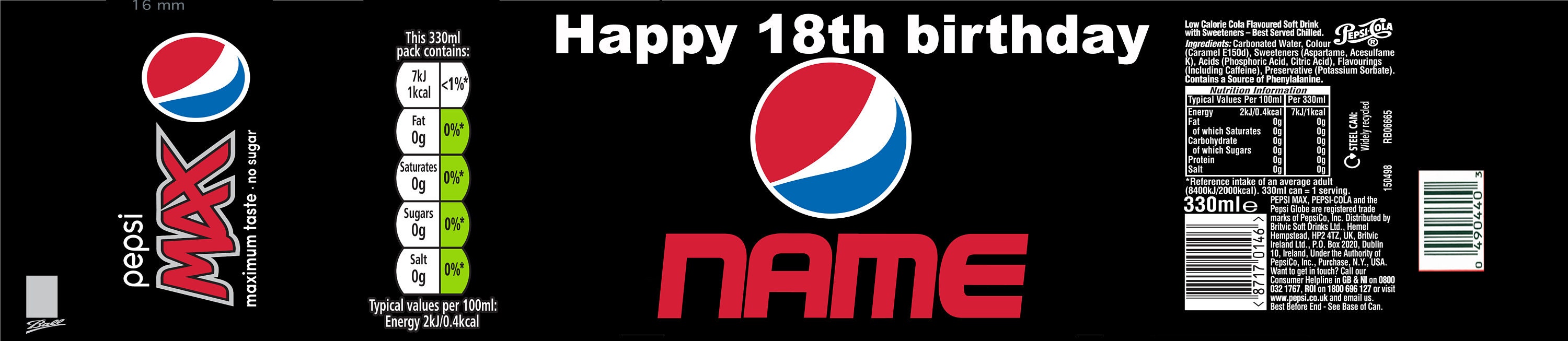 4 X Personalised Pepsi Max Bottle Labels to Fit 500ml Party Favour ...