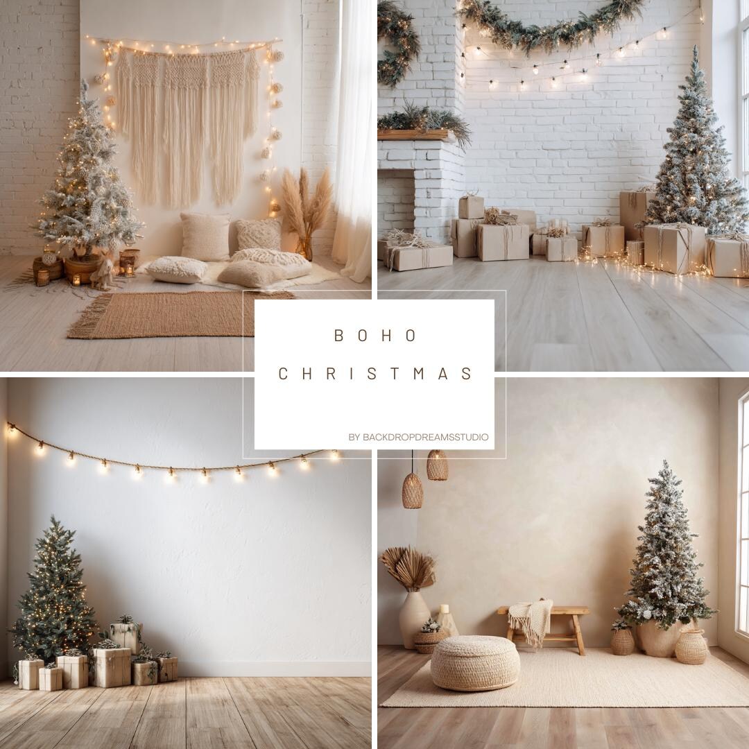 Boho Christmas Digital Backdrops | Cozy Festive Backgrounds | Warm ...