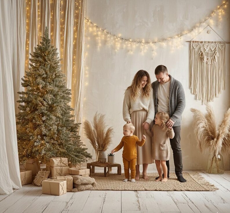 Boho Christmas Digital Backdrops | Cozy Festive Backgrounds | Warm ...