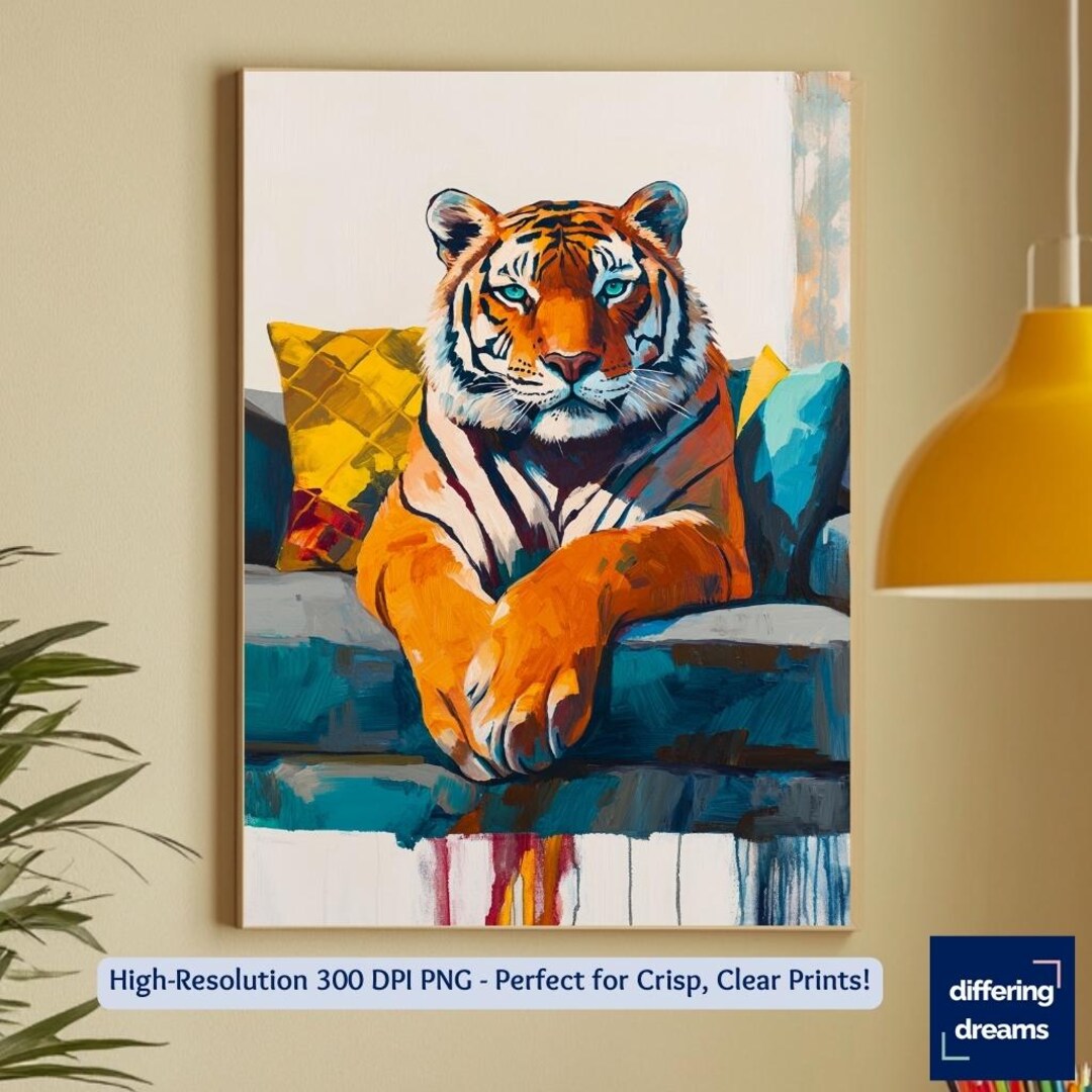 Regal Tiger on Sofa, Printable Wall Art, Bold Animal Decor, Colorful ...