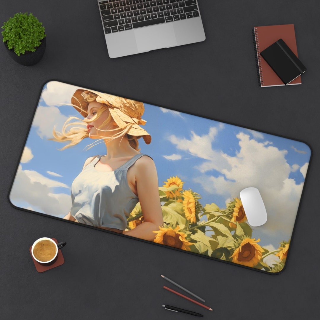 Sunflower Girl Desk Mat, Waifu Oil Painting, Large Mouse Pad, Aesthetic ...